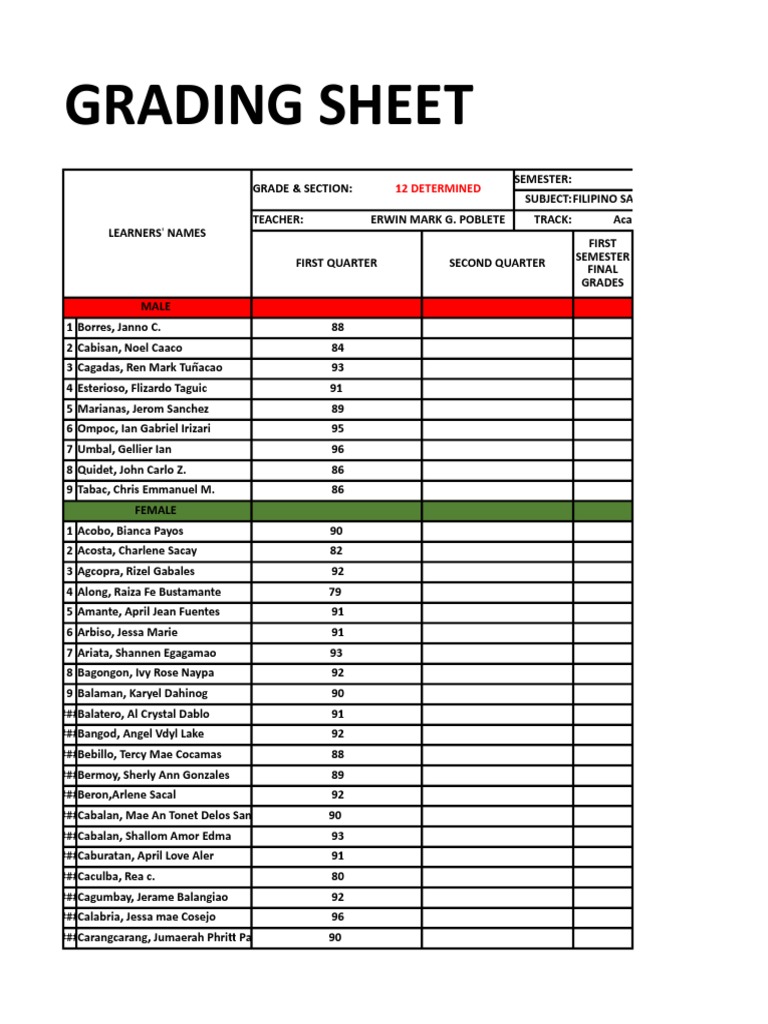 G12 Filipino Grading Sheet - 1st Semester | PDF