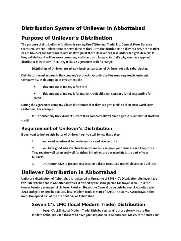 Distribution System of Unilever in Abbottabad Purpose of Unilever's ...