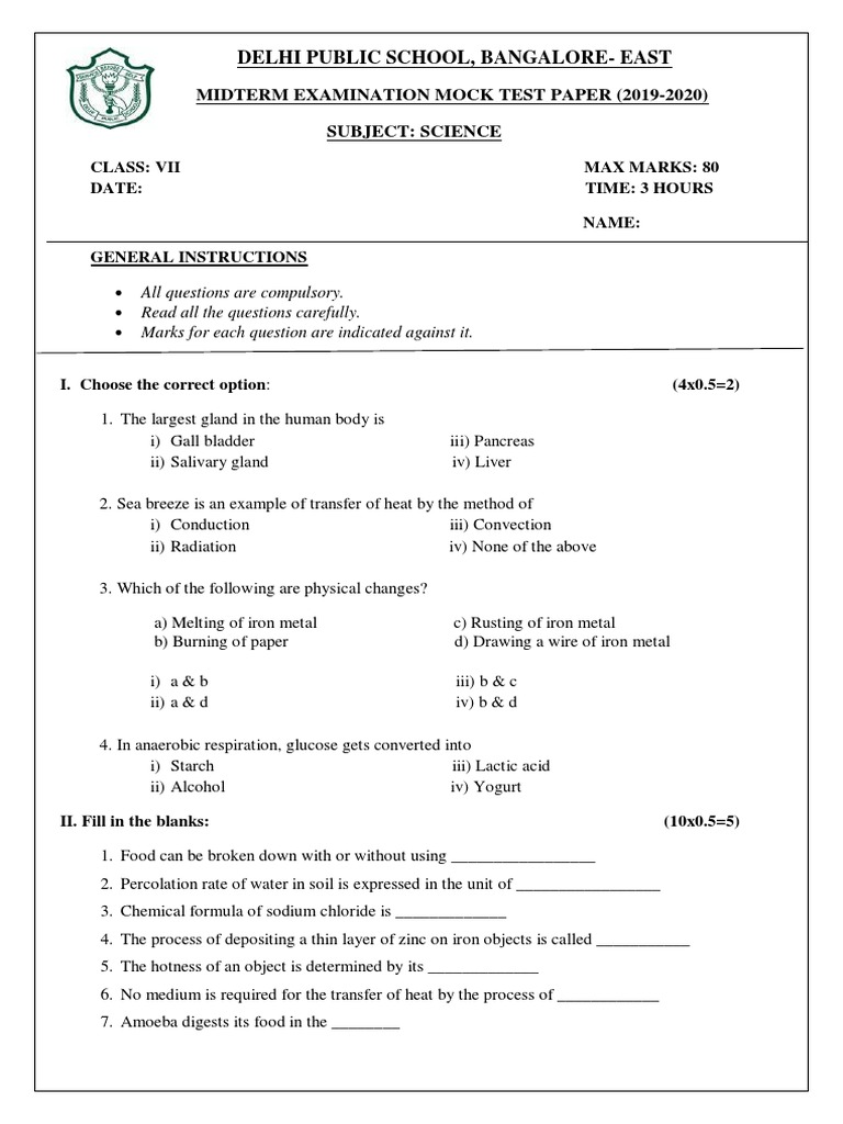 Midterm Examination Mock Test Paper (2019-2020) Subject: Science | PDF ...