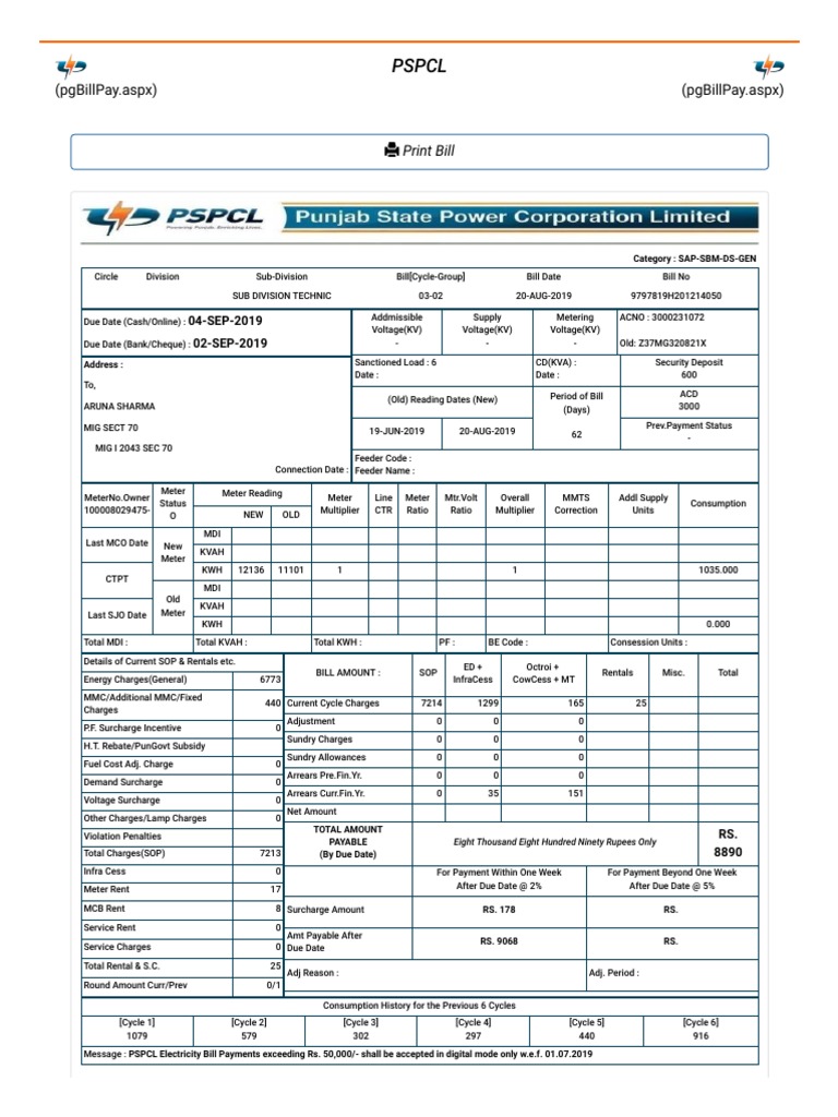 PSPCL Bill 3000231072 Due On 2019-SEP-04 PDF | PDF | Power (Physics ...