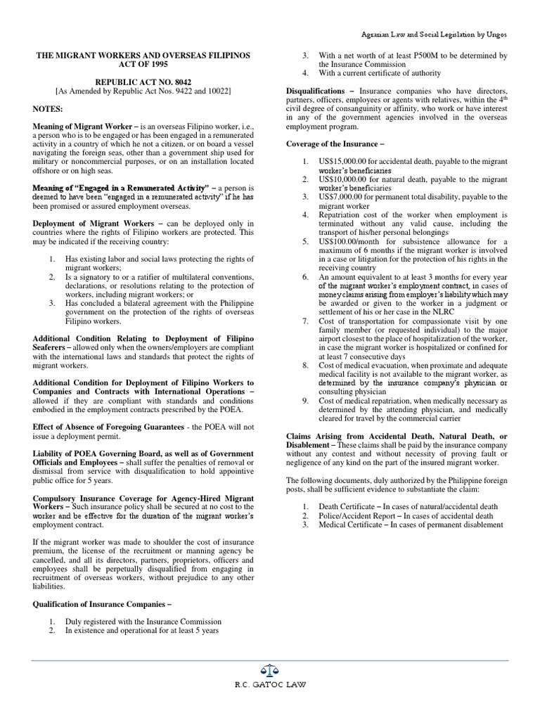 Ra 8042 - RCG Notes | PDF | Migrant Worker | Insurance