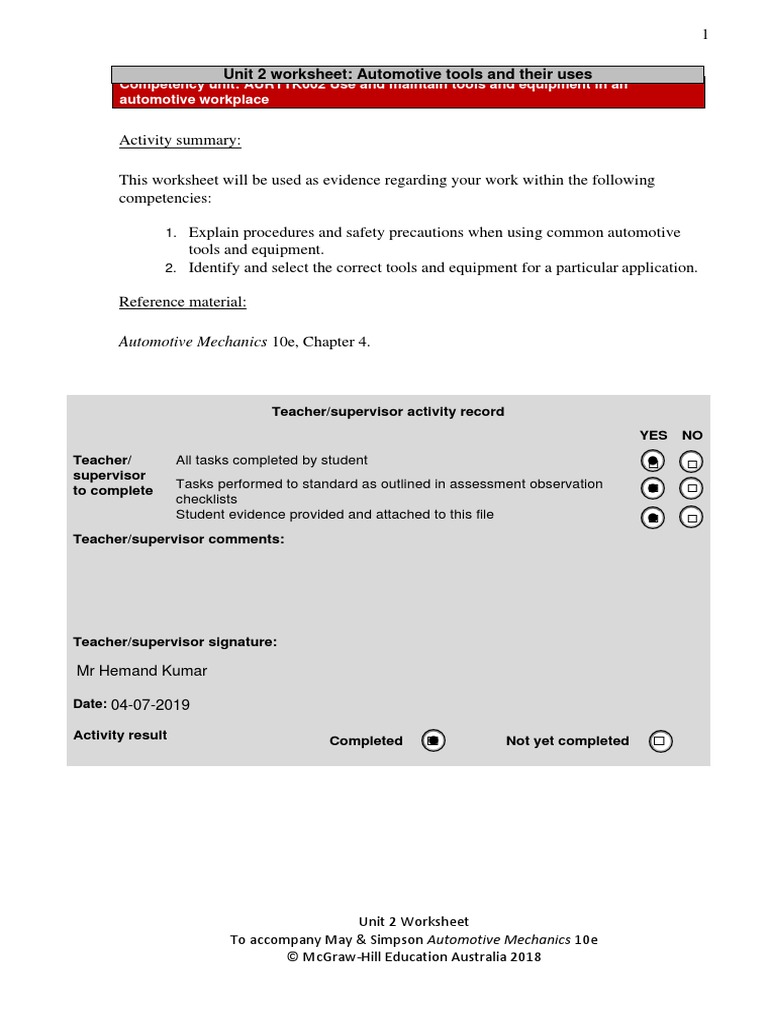Unit 2 Worksheet: Automotive Tools and Their Uses: Automotive Mechanics ...