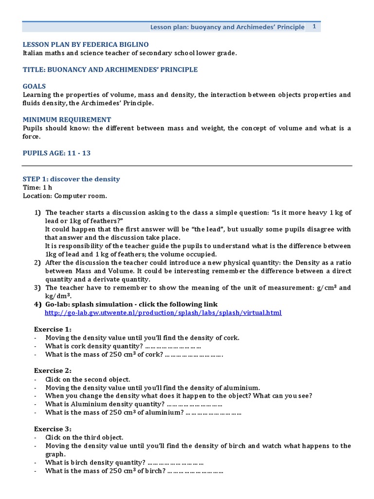 Lesson Plan Buonyancy | PDF | Buoyancy | Density