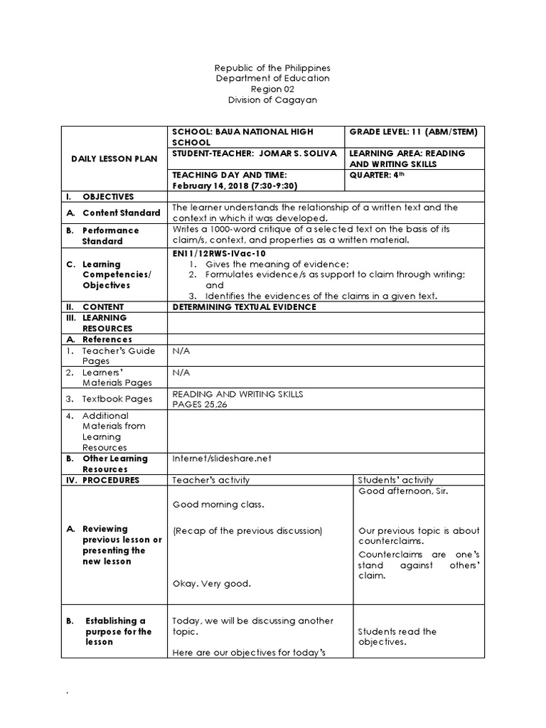 DLP - FEB 14 ReadING and WritING | Download Free PDF | Lesson Plan ...