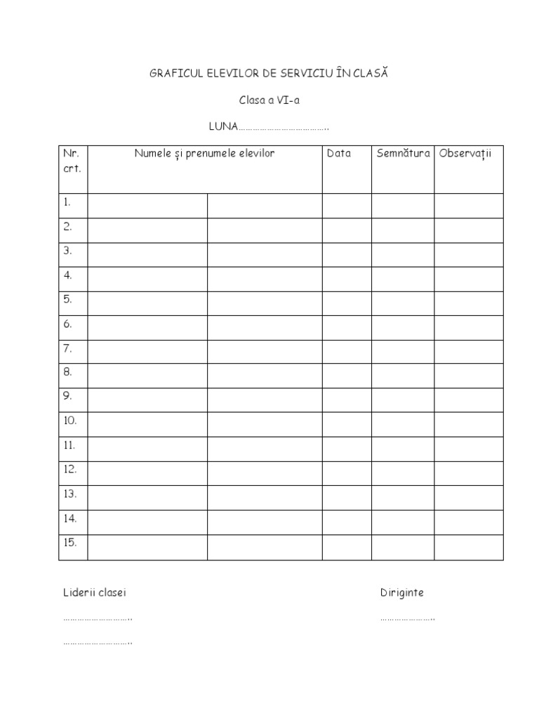 TABEL Elevi Serviciu | PDF