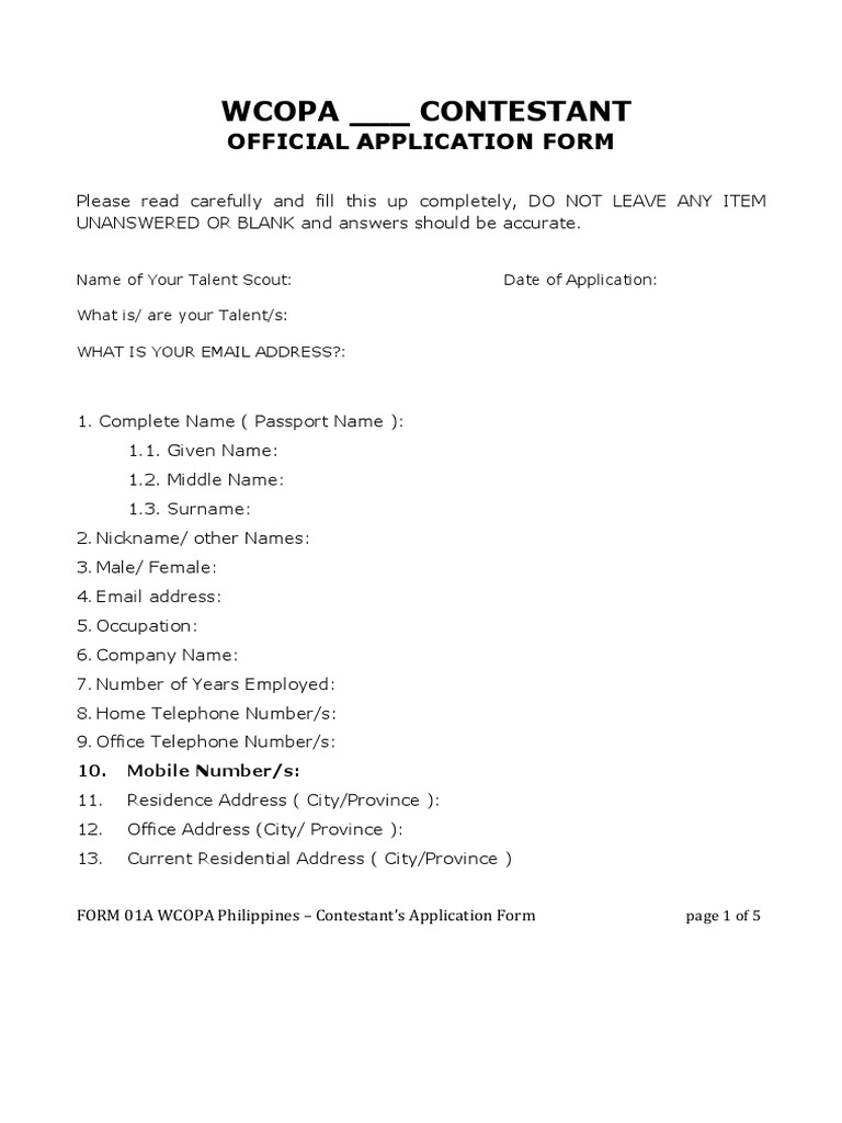 Wcopa - Contestant: Official Application Form | PDF | Hip Hop Music ...