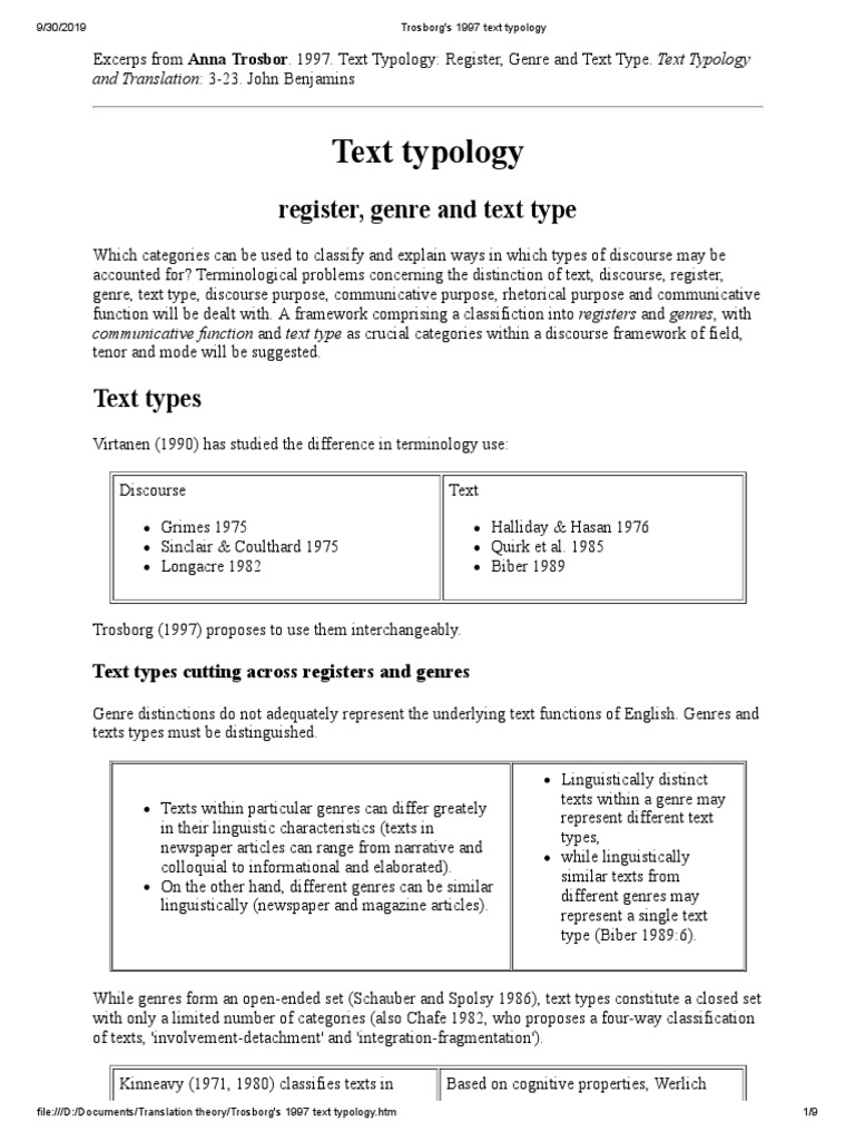 Trosborg's 1997 Text Typology Explained | PDF | Genre | Linguistics