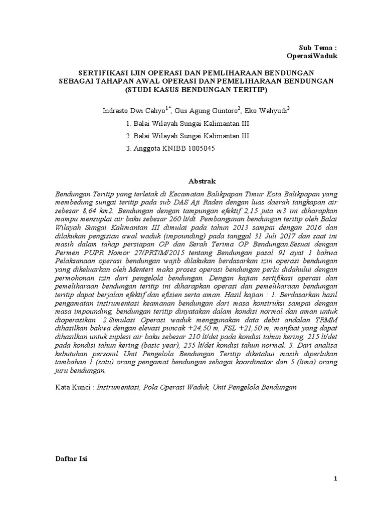 Sertifikasi Operasi Bendungan Teritip | PDF