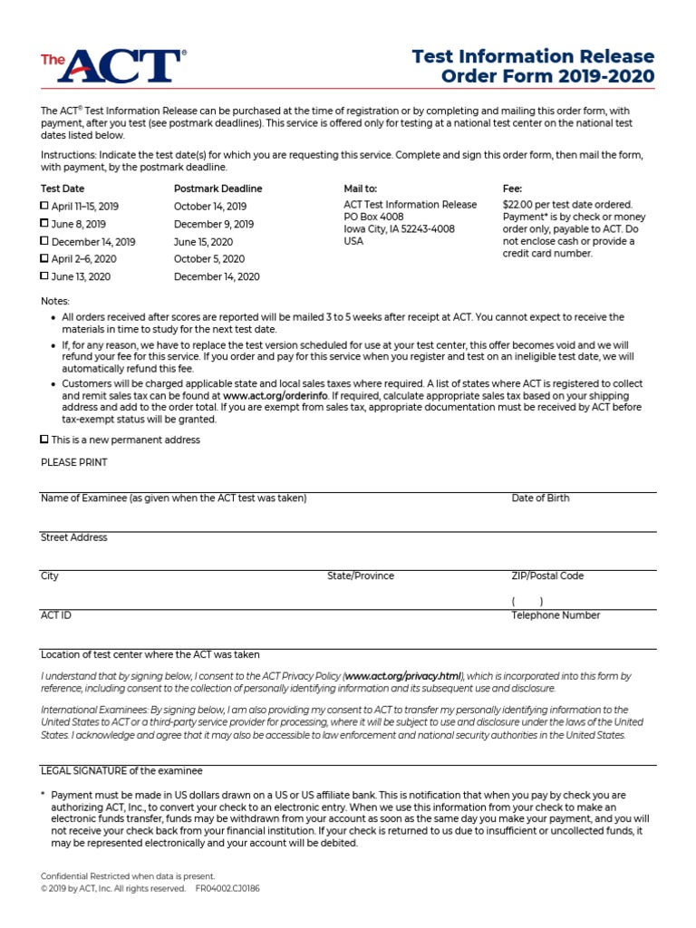 Test Information Release Order Form 2019-2020: Test Date Postmark ...
