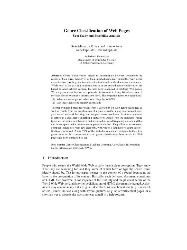 Genre Classification of Web Pages: - User Study and Feasibility Analysis | PDF | Part Of Speech ...