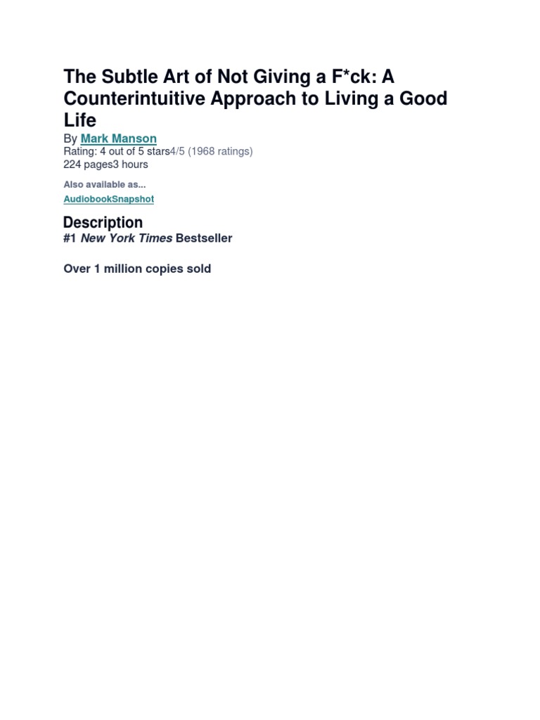 The Subtle Art of Not Giving A F CK: A Counterintuitive Approach To ...