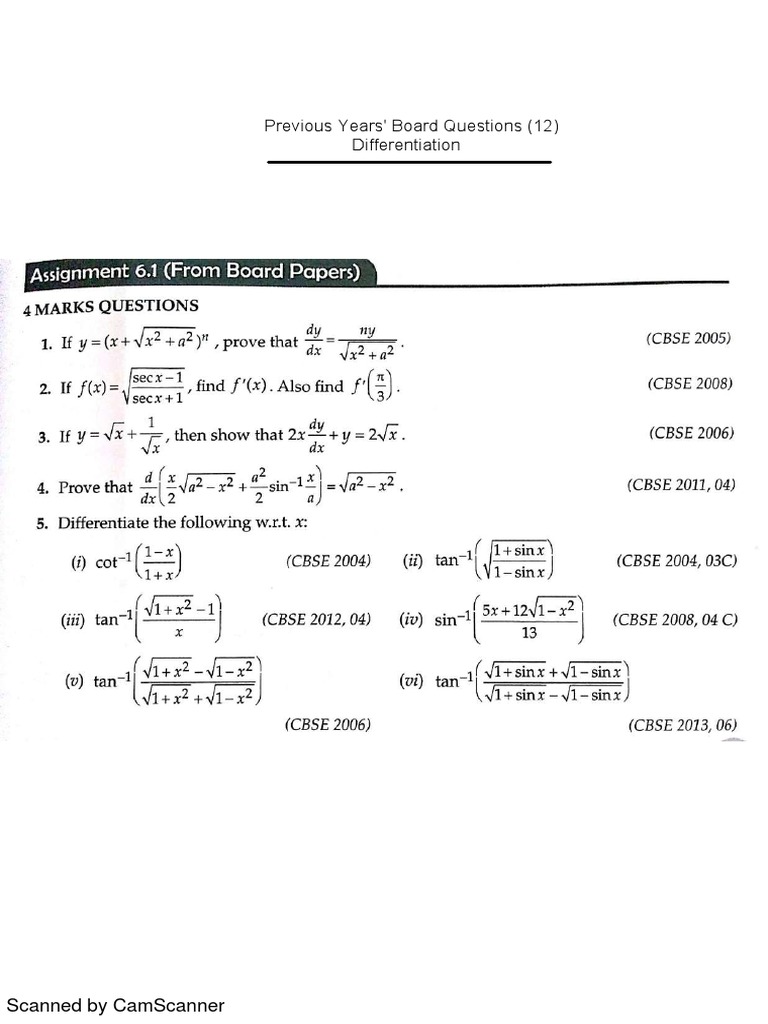 Previous Years' Board Questions on Differentiation | PDF
