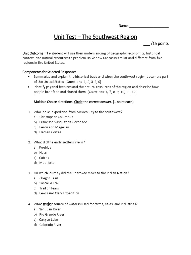 Unit Test - The Southwest Region: - /15 Points | PDF | Southwestern ...
