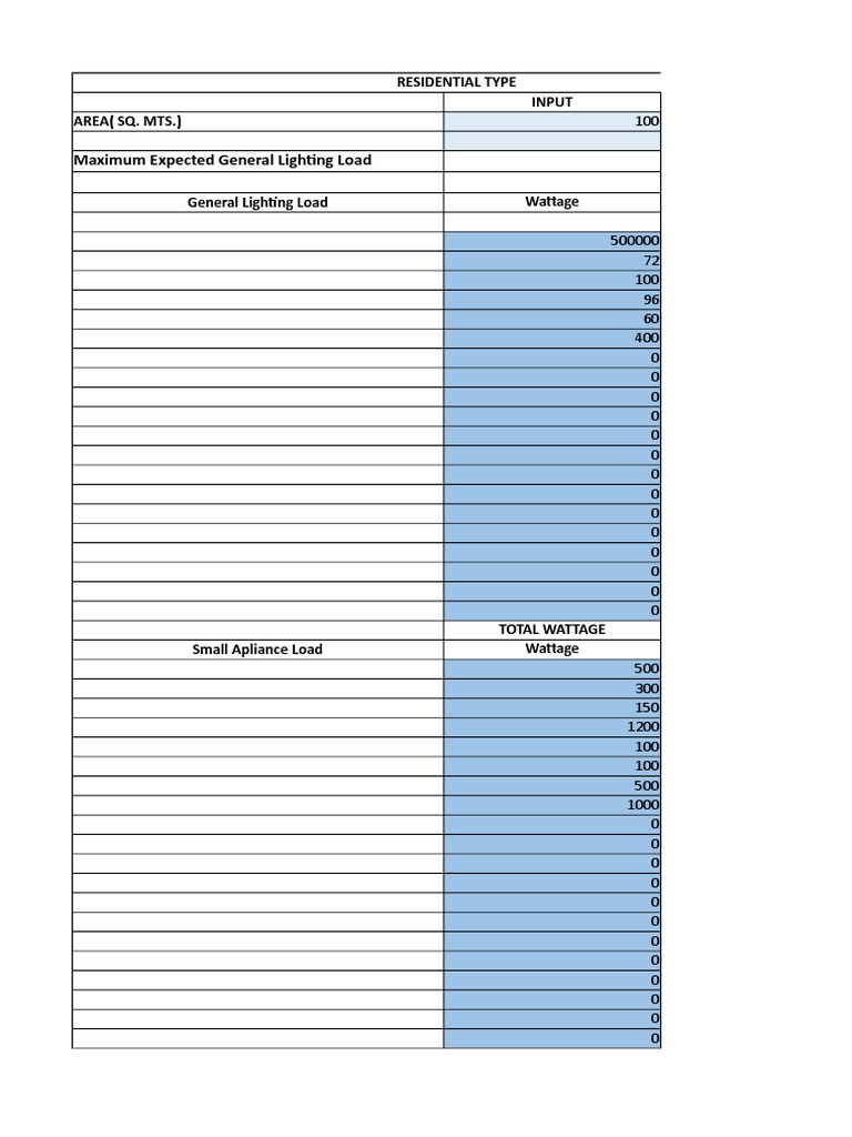 Maximum Expected General Lighting Load: Residential Type Input Area (Sq ...