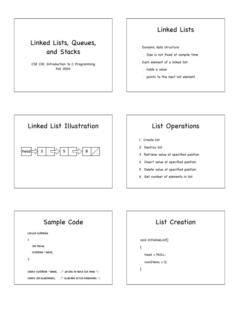Linked Lists, Queues, and Stacks Linked Lists: 5 3 8 Head | PDF