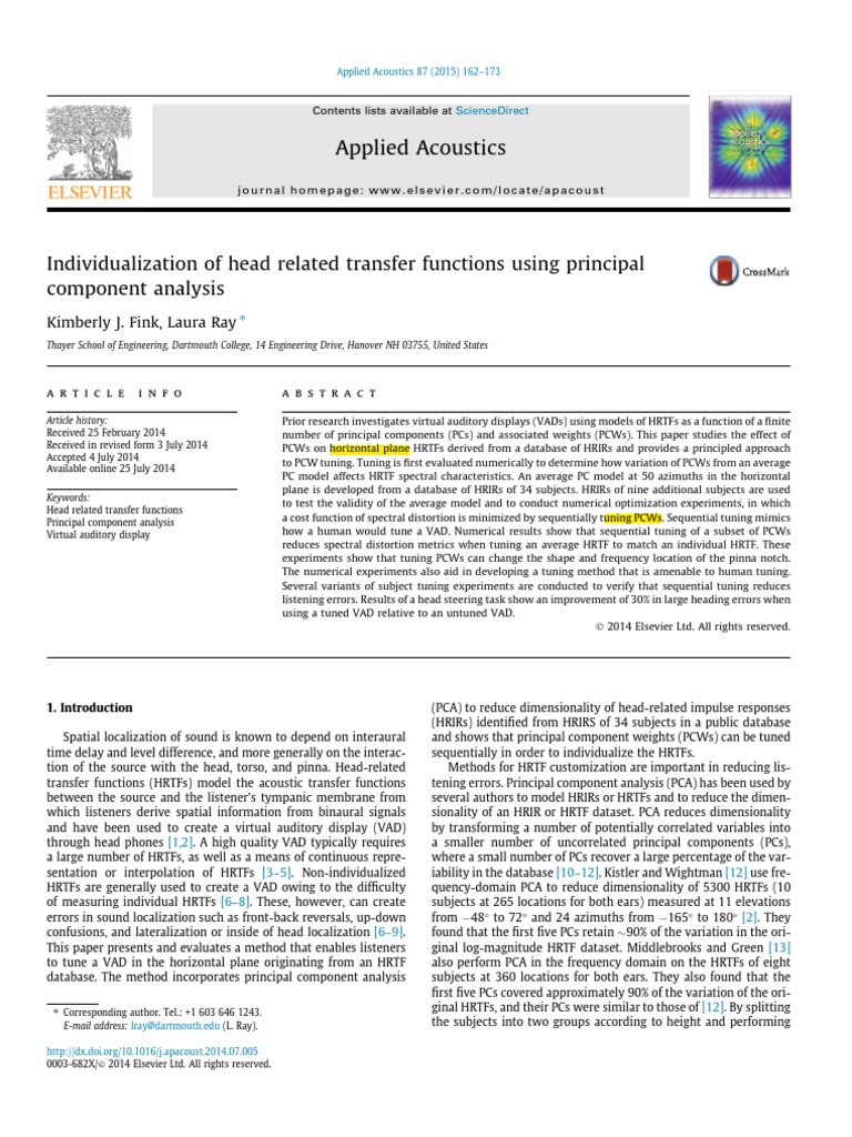 Individualization of Head Related Transfer Functions Using Principal ...