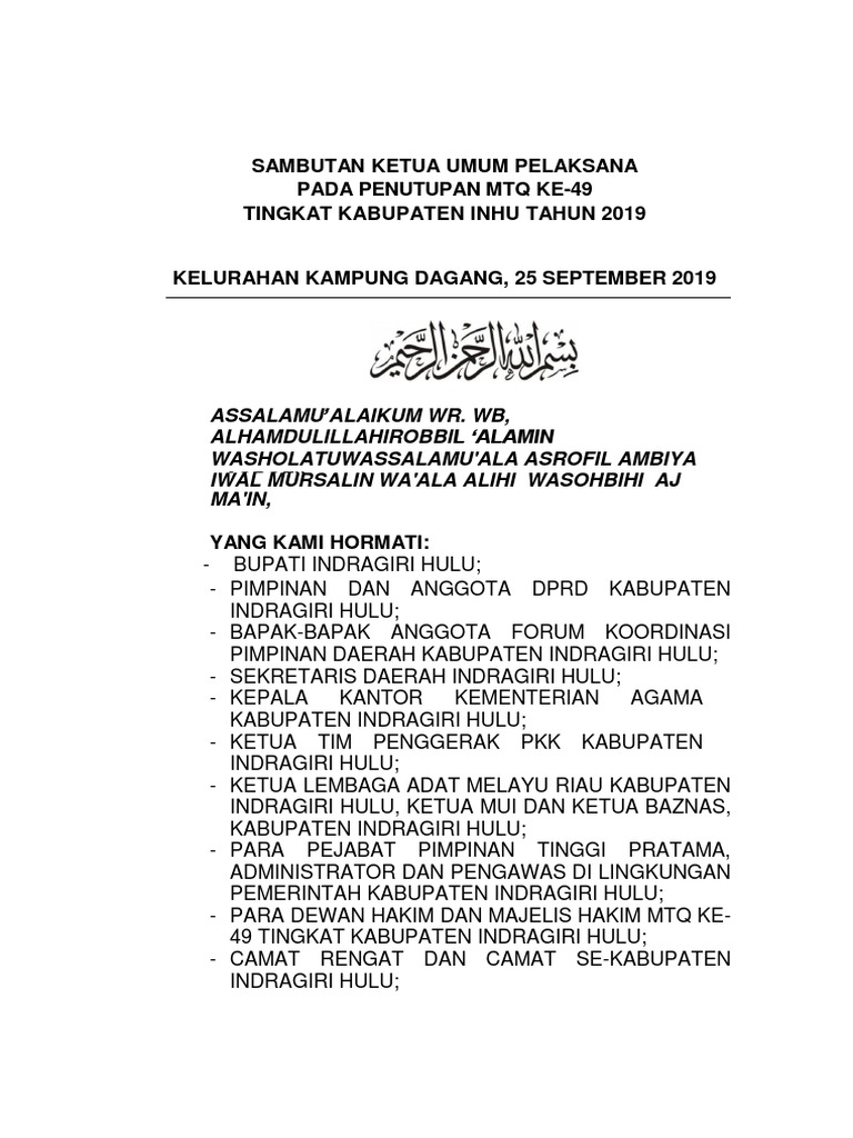 Sambutan Pembukaan MTQ | PDF | Politik | Agama & Spiritualitas
