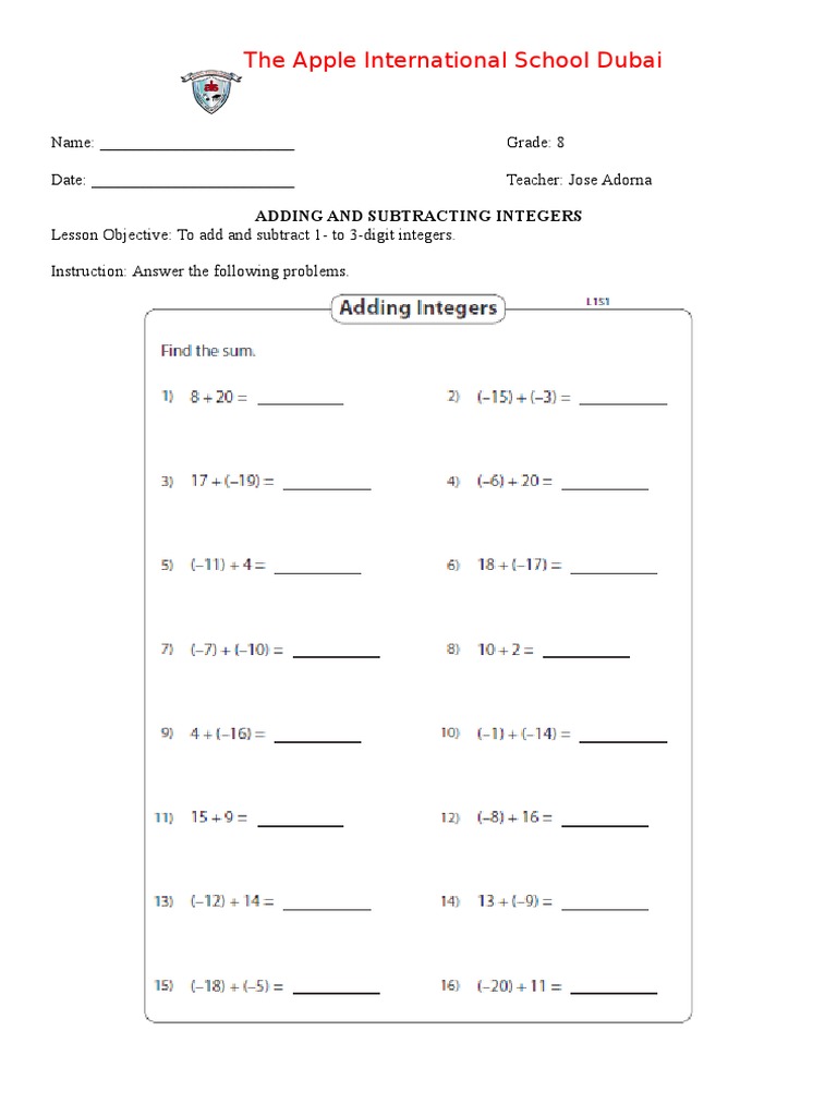 Adding and Subtracting Integers Lesson | PDF | Teaching Methods ...