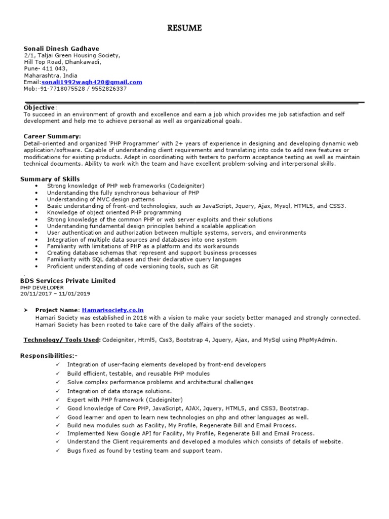Revised Sonali Resume | PDF | Php | Mobile App