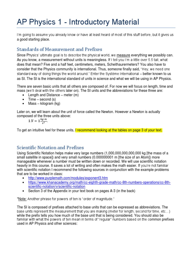 AP Physics 1 - Introductory Material: Standards of Measurement and ...