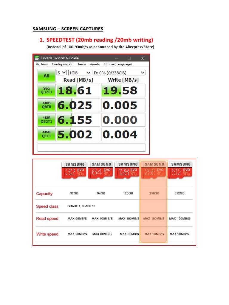 SPEEDTEST (20mb Reading /20mb Writing) : Samsung - Screen Captures | PDF