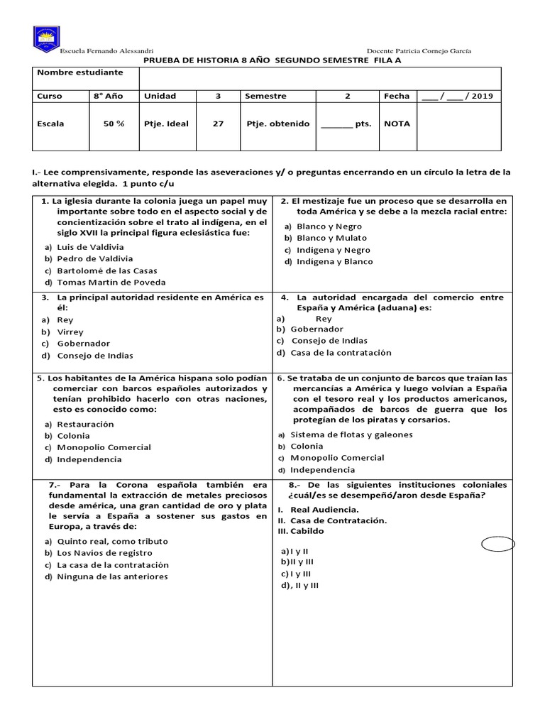 Prueba de Historia 8 Año Segundo Semestre Unidad 3 Completa | PDF ...