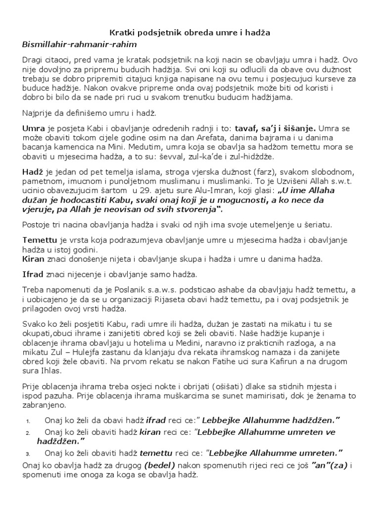 Kratki Podsjetnik Obreda Umre I Hadža | PDF