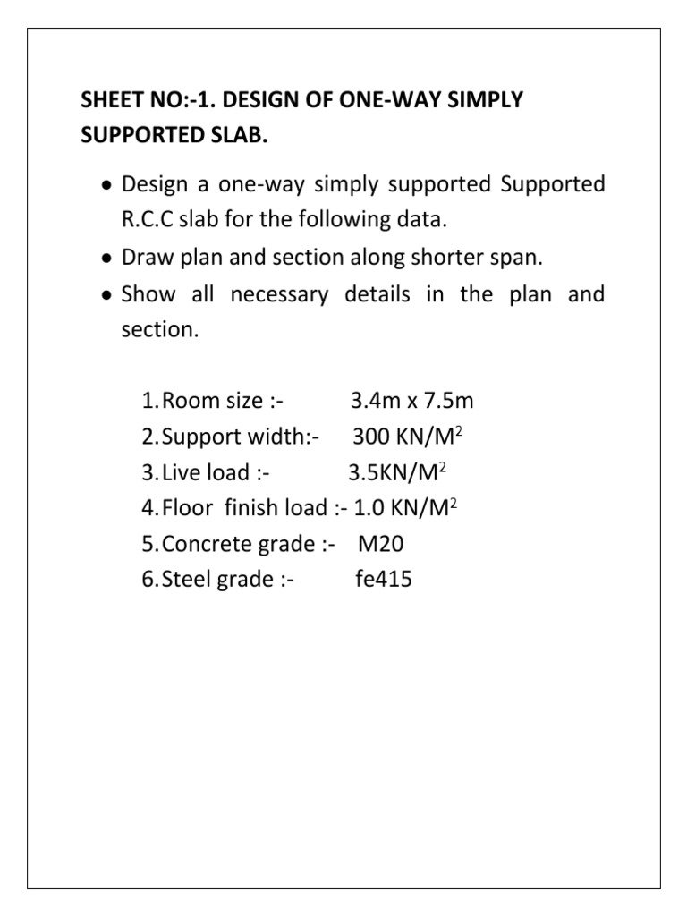 Sheet No:-1. Design of One-Way Simply Supported Slab | PDF