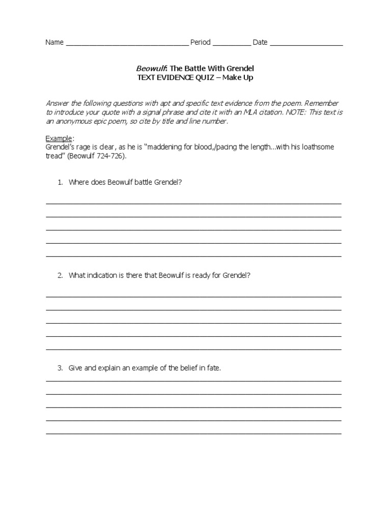 Beowulf and Grendel TE Quiz Make Up | PDF | Beowulf | Germanic Paganism
