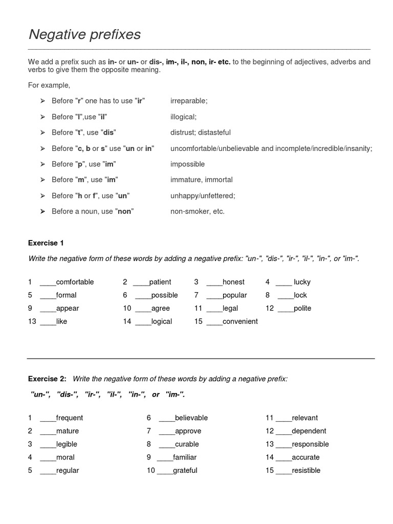 Negative Prefixes With Answers | PDF | Adverb | Languages