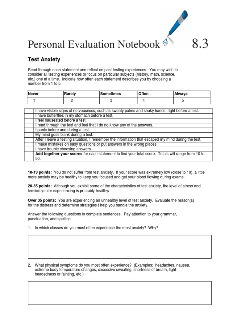 Personal Evaluation Notebook 8.3 Online | PDF | Anxiety | Mental Health