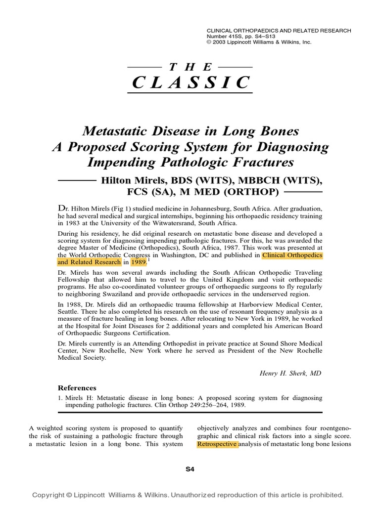 Mirels 1989 - Metastatic Disease in Long Bones A Proposed Scoring ...