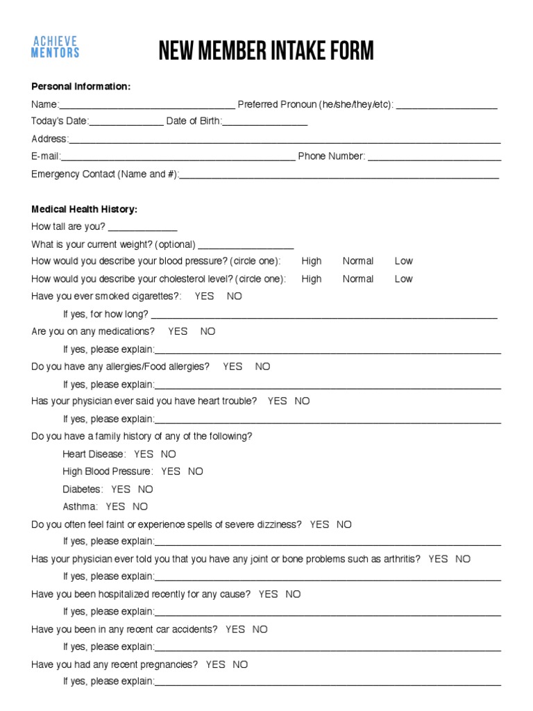 New Member Health Intake Form | PDF | Stress (Biology) | Medical ...