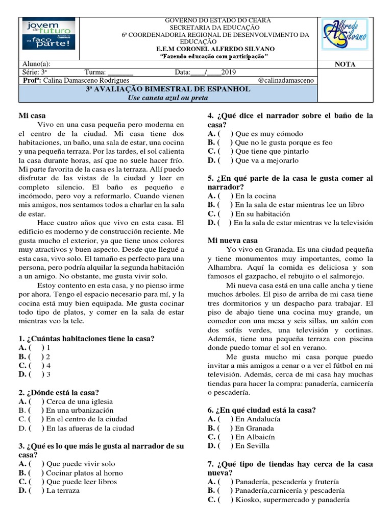 3 Avaliação Espanhol 3º Ano | PDF | Cocina española | Cocina