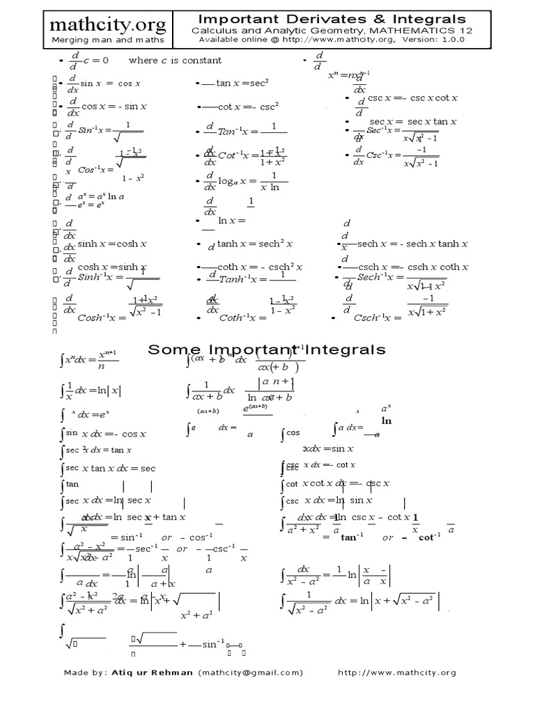 FSC Derivative Integration Formulas | PDF | Real Analysis | Elementary ...