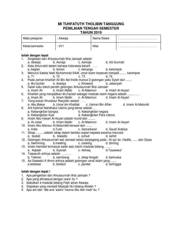 Soal Aswaja Kelas 6 | PDF | Kajian Bahasa Asing