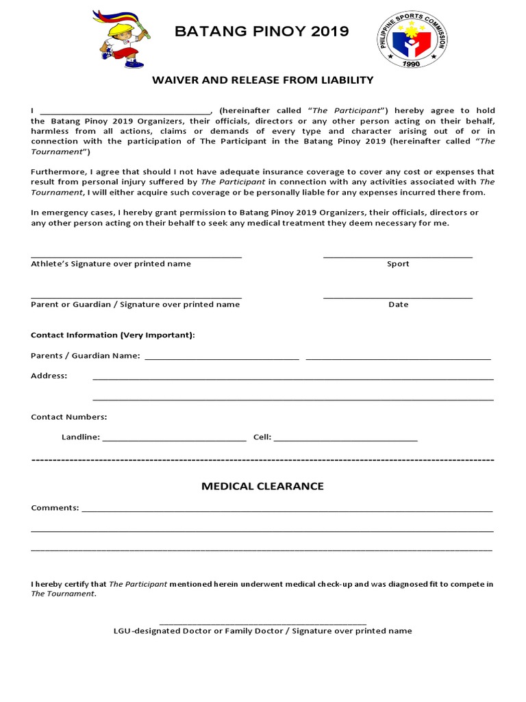 Batang Pinoy Waiver and Release From Liability | PDF | Private Law ...