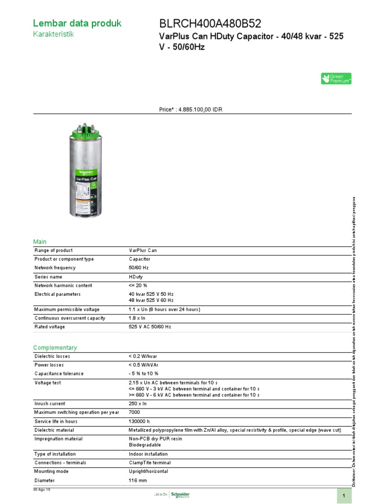 Product Specification Sheet for a 40/48 kvar 525 V 50/60 Hz VarPlus Can ...