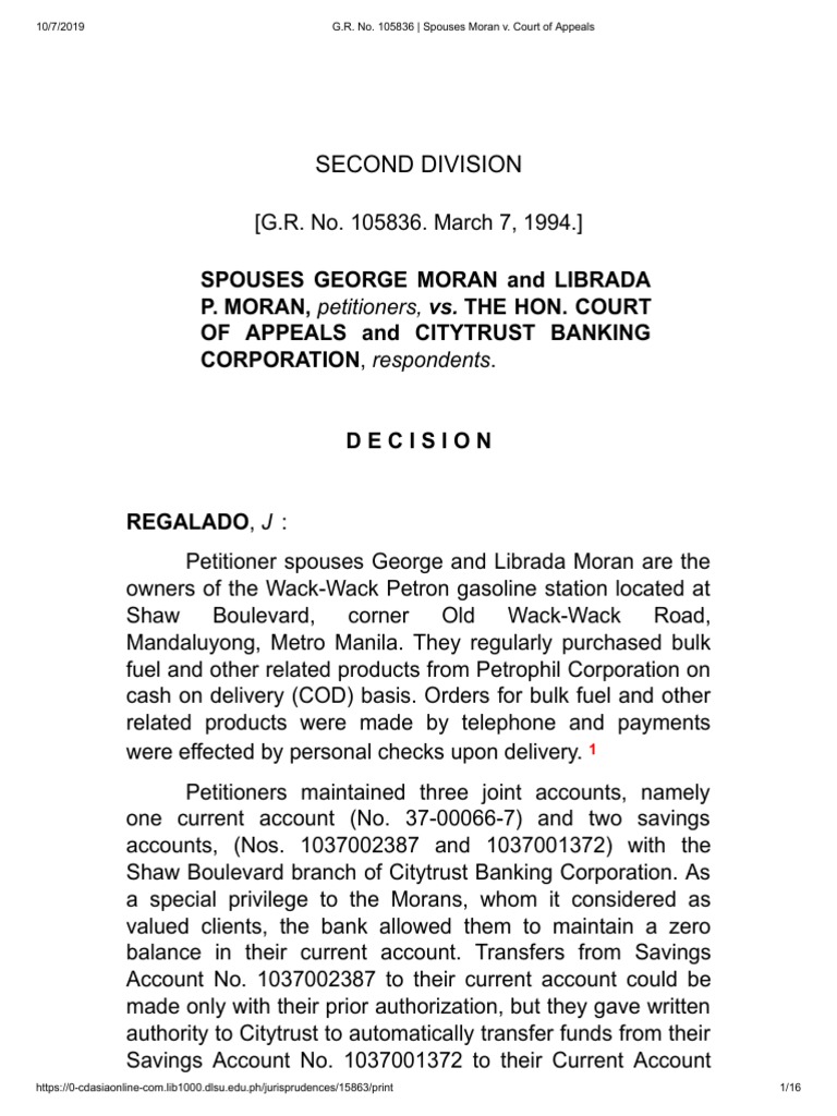 Spouses Moran vs. Court of Appeals: Bank Check Dishonor Case | PDF ...