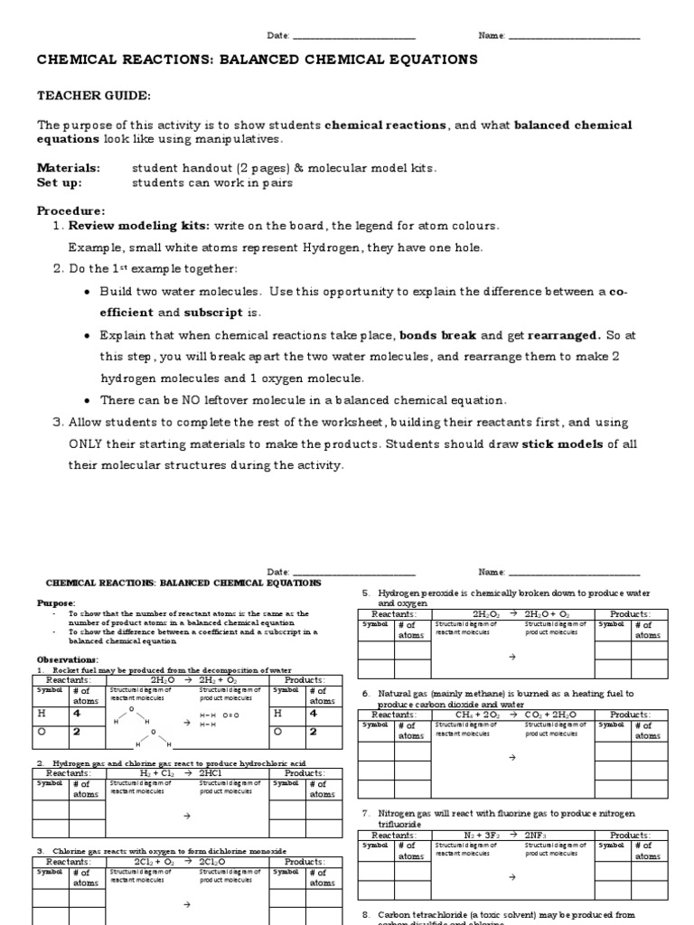 Balancing Chemical Equations Activity | PDF | Chemical Reactions | Chlorine