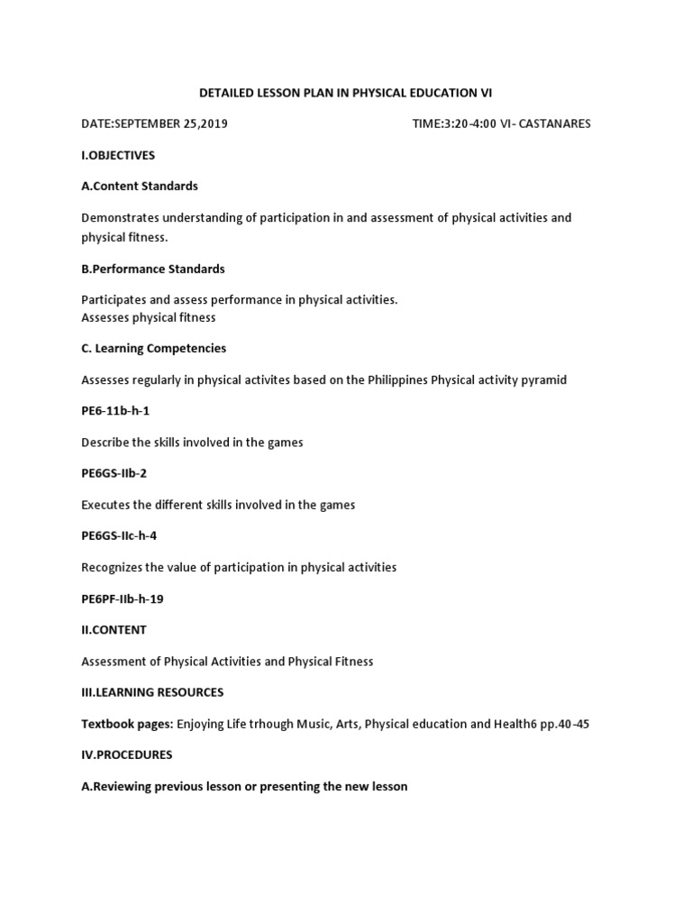 Detailed Lesson Plan in Physical Education Vi Sept 25 | PDF ...