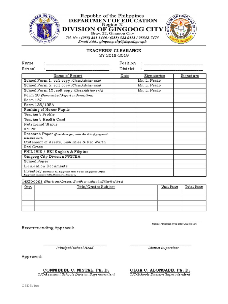 Teachers' Clearance Forms 2018-2019 | PDF