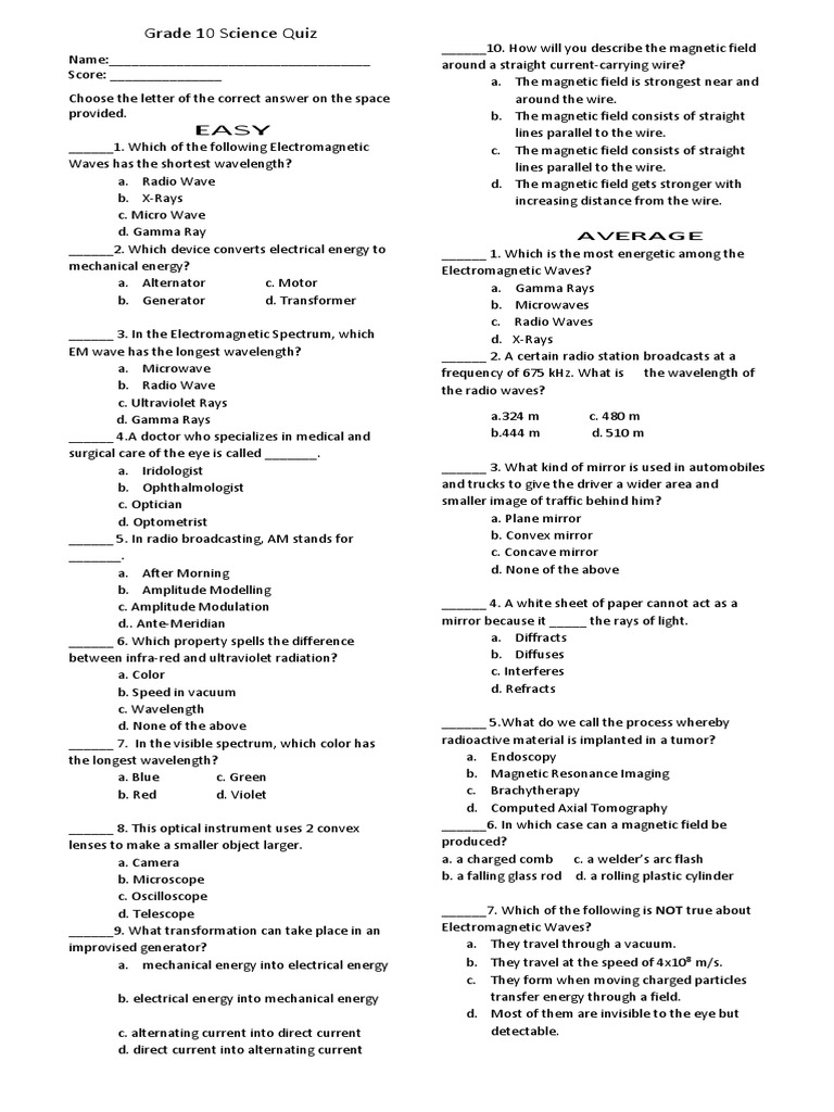 Grade 10 Science Quiz | PDF | Electromagnetic Spectrum ...