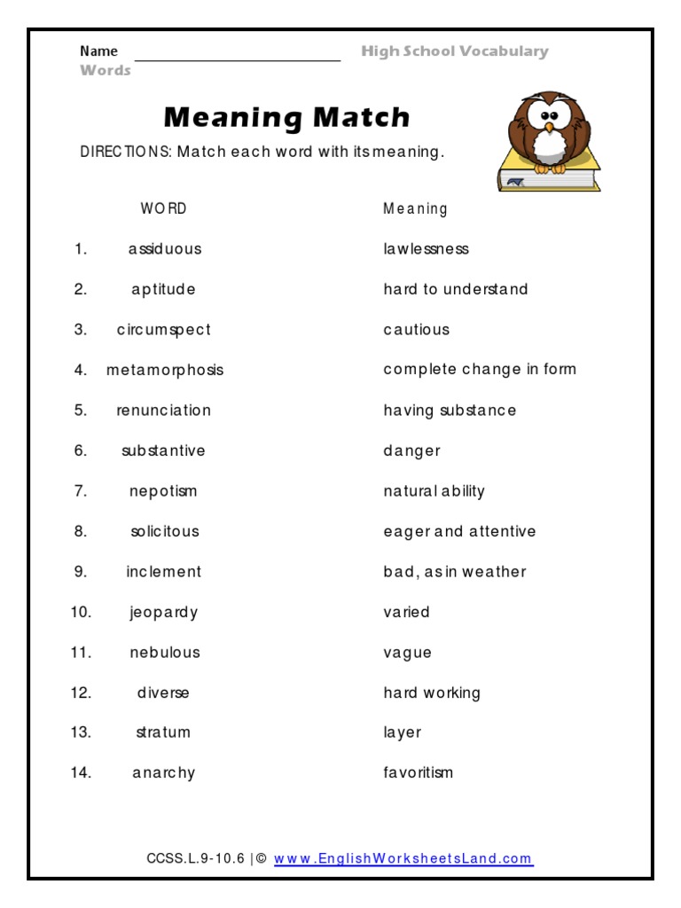 Meaning Match: DIRECTIONS: Match Each Word With Its Meaning. Word ...