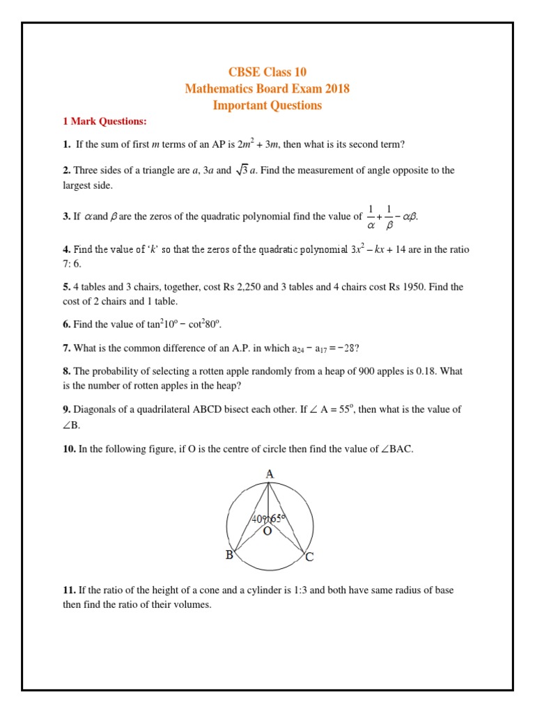 Cbse Class 10 Mathematics Board Exam Important Questions | PDF | Circle ...