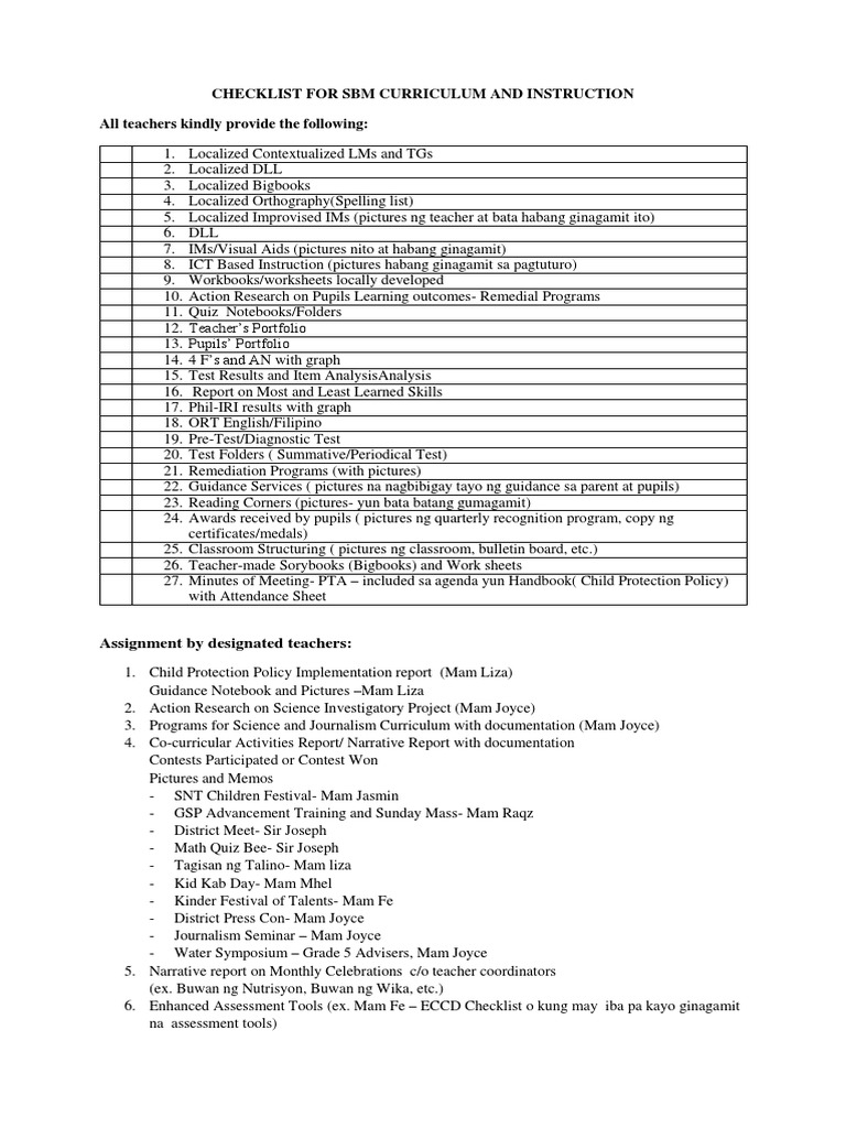 SBM Checklist | PDF | Education Theory | Communication