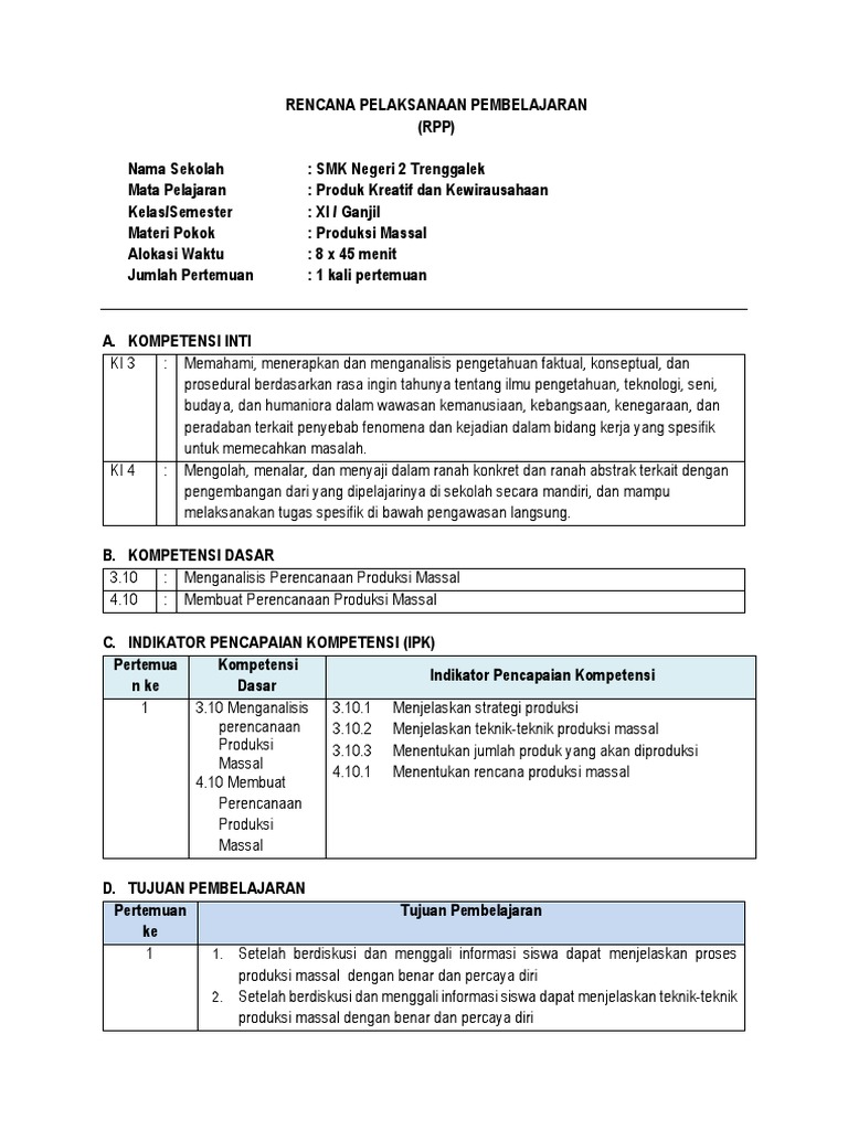 RPP Produk Kreatif Dan Kwu Kelas 12 | PDF