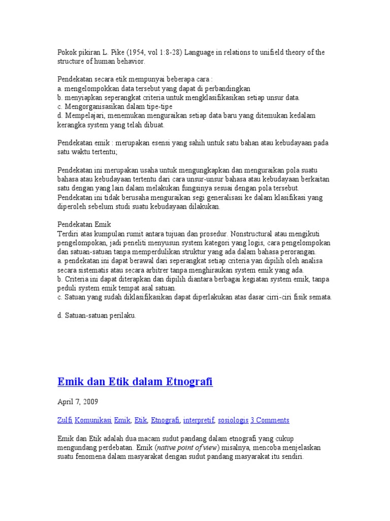 Emik dan Etik dalam Etnografi | PDF