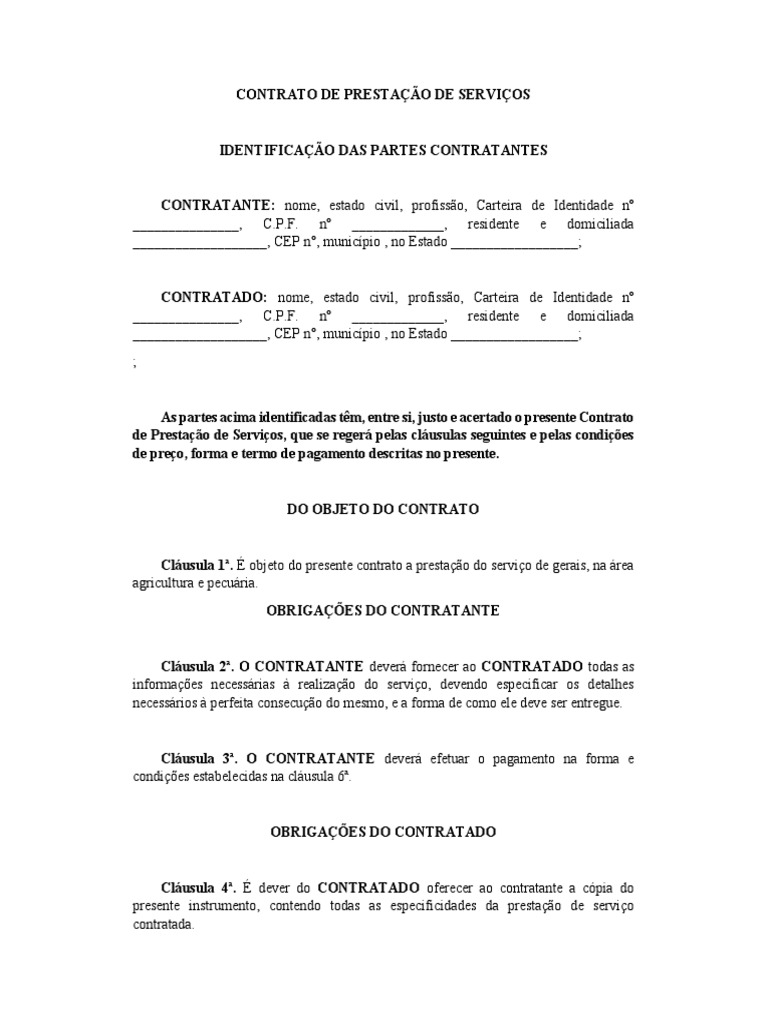 Modelo de Contrato de Prestação de Serviço | Lei das Obrigações ...