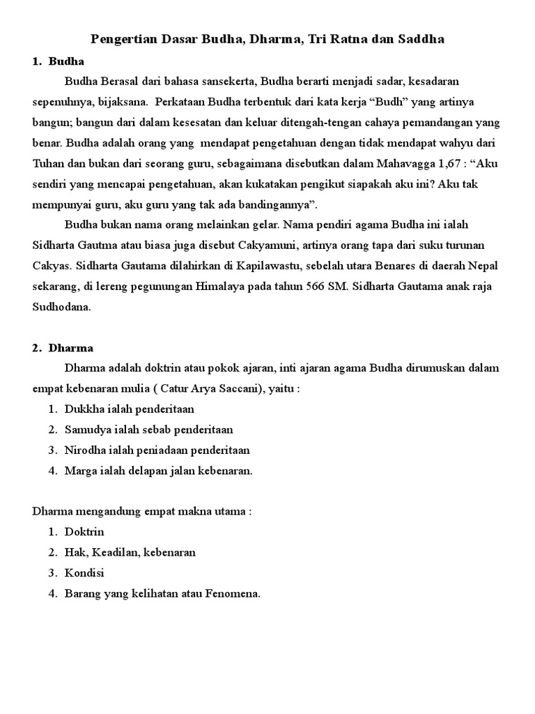 Pengertian Dasar Budha, Dharma, Tri Ratna Dan Saddha | PDF